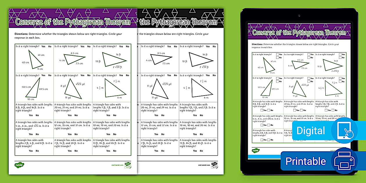 Eighth Grade Converse of the Pythagorean Theorem Check Worksheet