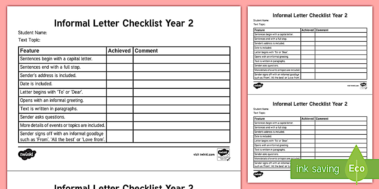 Year 2 Informal Letter Checklist (teacher made) - Twinkl