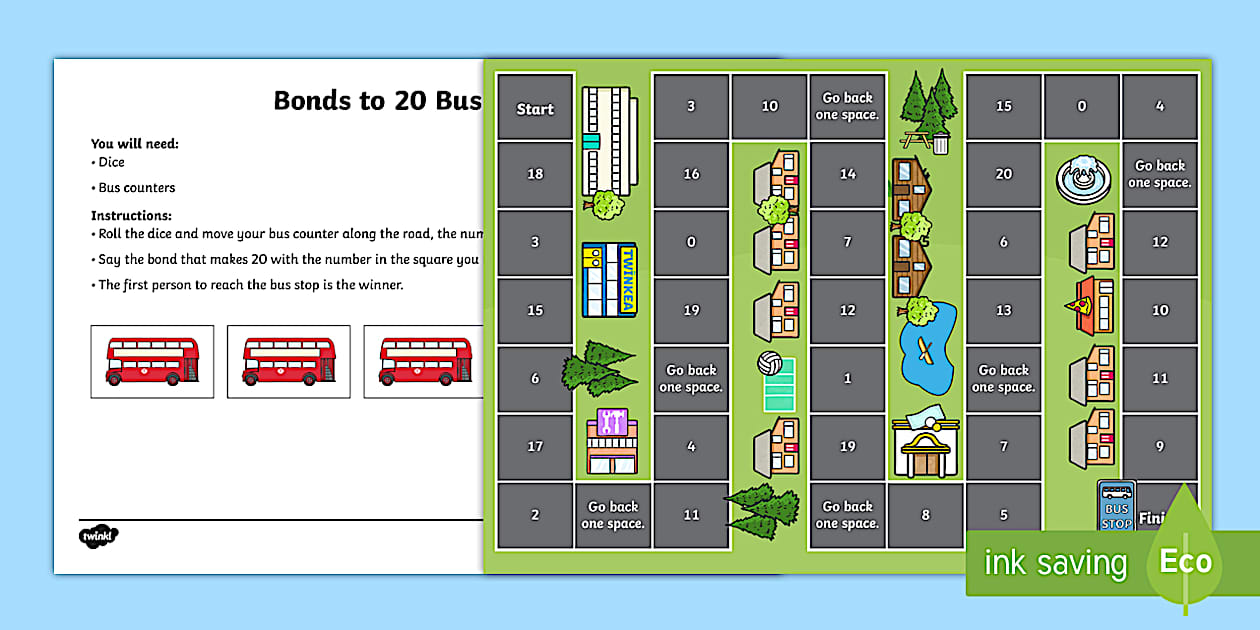 Editable Number Bonds of 20 Bus Game Board Game - Twinkl