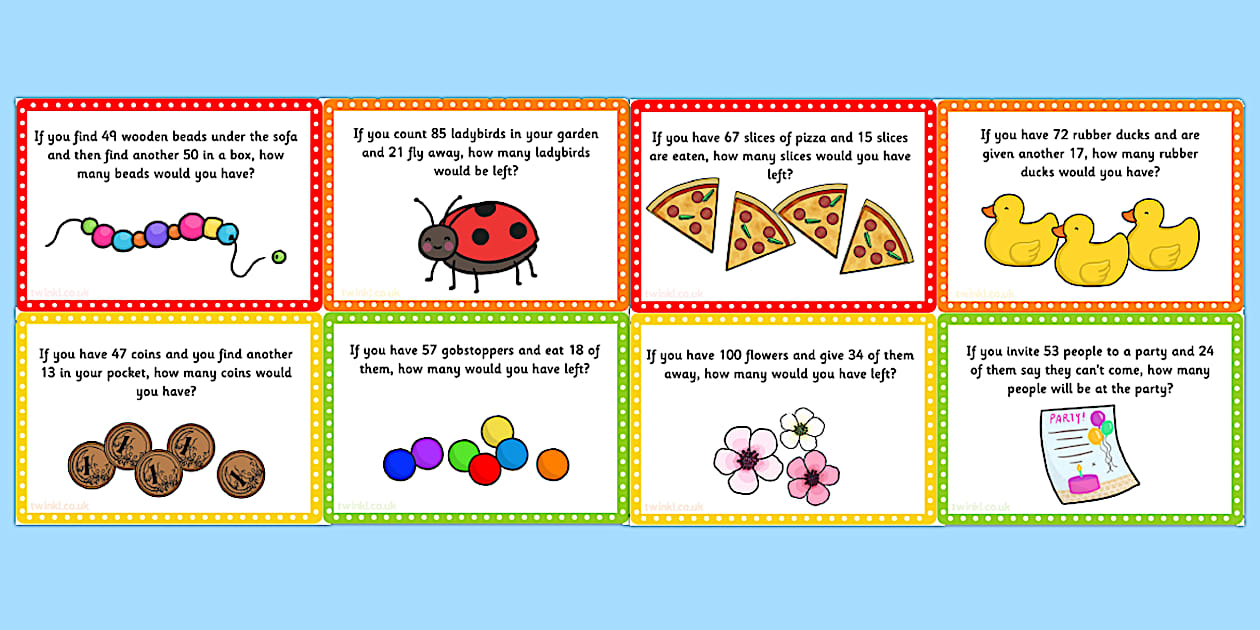 Addition and Subtraction to 100 Word Problem Challenge Cards