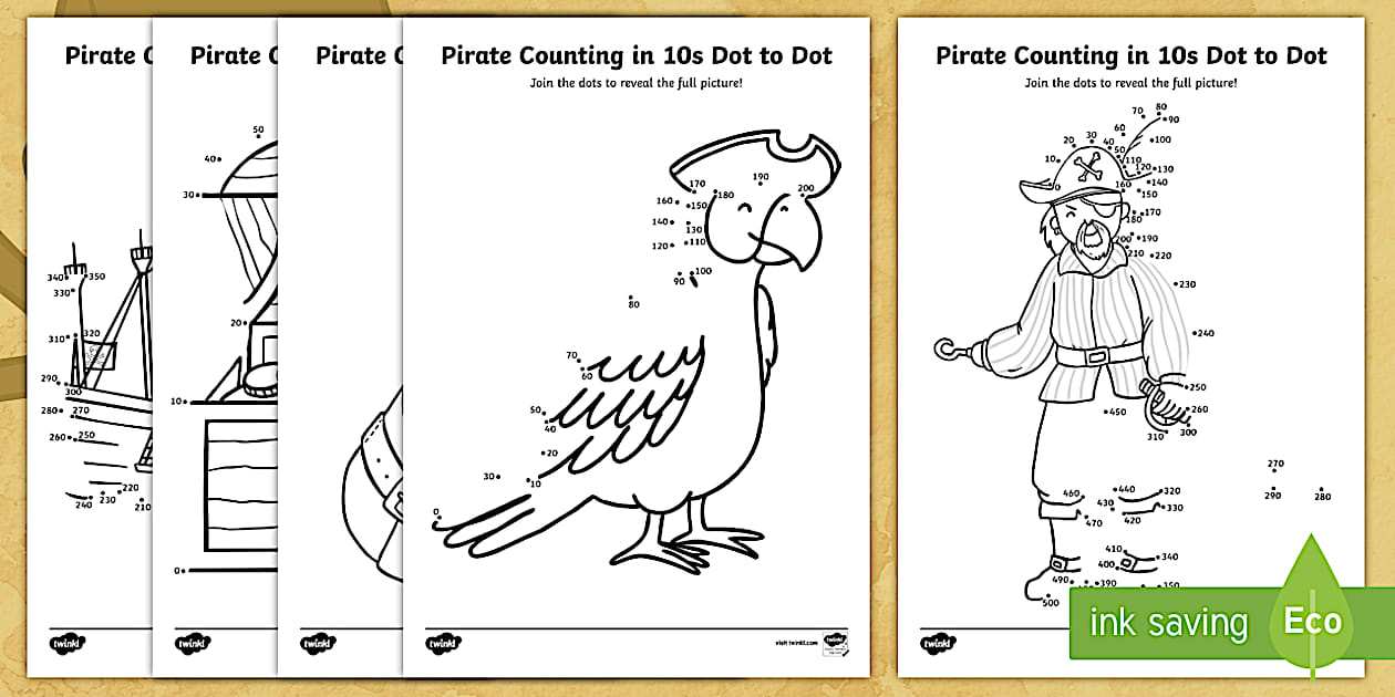 KS1 Pirate Themed Counting in 10s Dot to Dot Worksheets