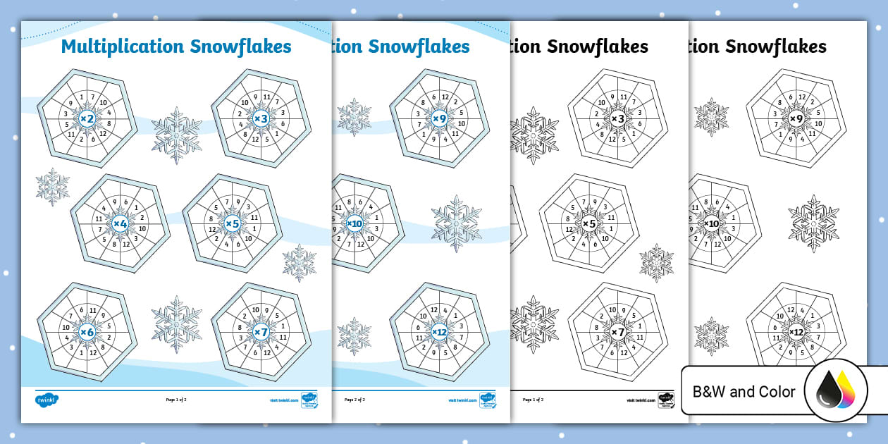 Winter Multiplication to 12x Snowflake Worksheets for 3rd-5th Grade
