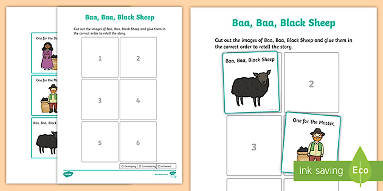 Black and White Baa Baa Black Sheep Cut and Paste Sequencing Worksheet