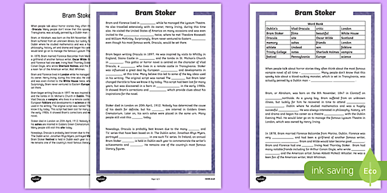 Cloze procedure 6th class | Bram Stoker | Easy to print