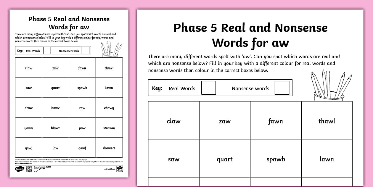 Phase 5 Words with aw in Them Color by Phoneme Real and Nonsense Words