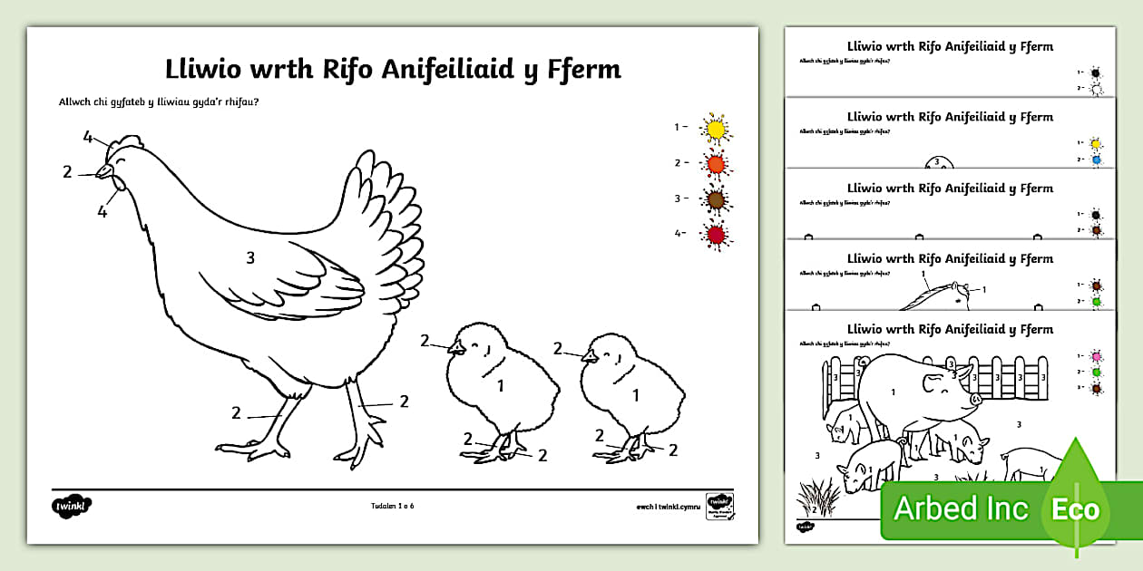 Taflenni Lliwio wrth Rifo Anifeiliaid y Fferm (teacher made)