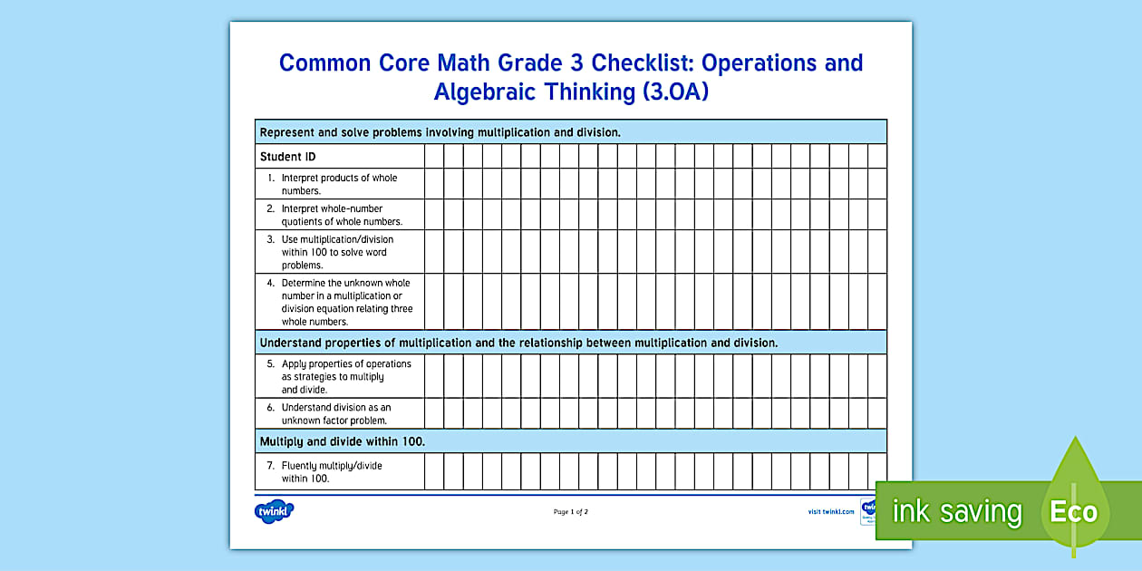 Common Core Math Third Grade Standards Student Checklist