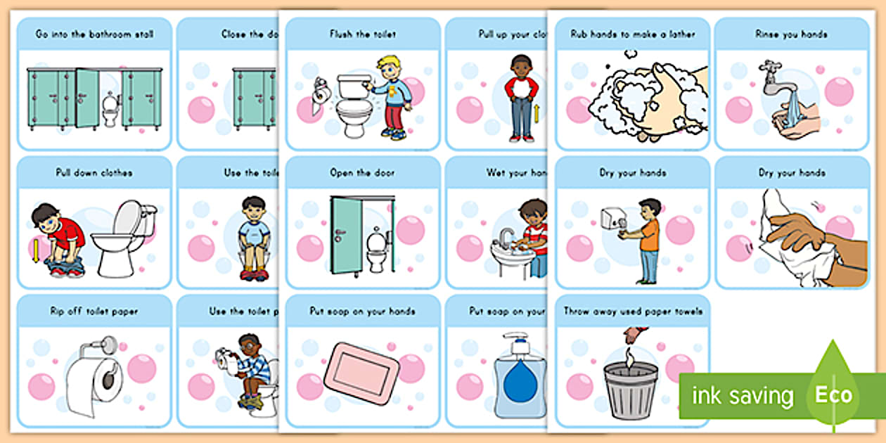Boys Routine: Using the Bathroom Sequencing Cards - Twinkl