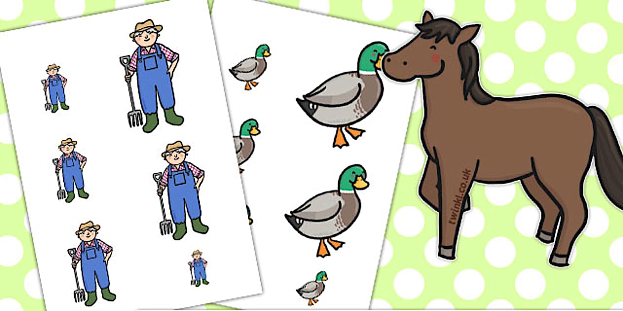 Black and White Farmer and Duck Size Ordering - Twinkl
