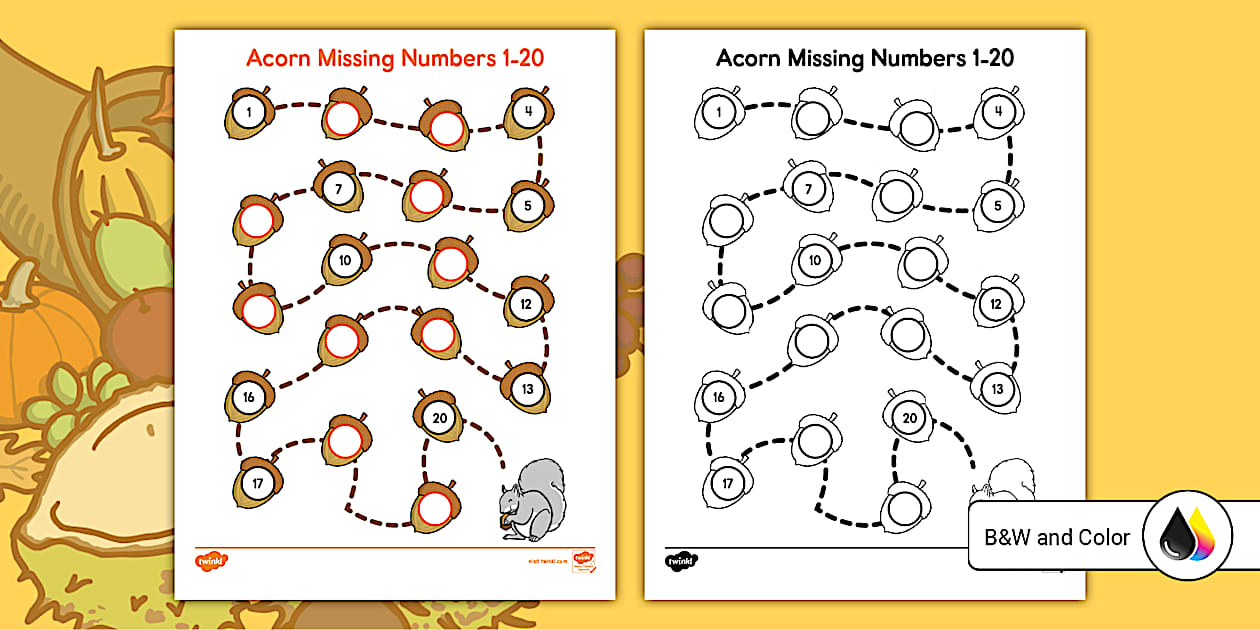 Missing Numbers for Kids | Acorn 1-20 Worksheet | K-2 Math