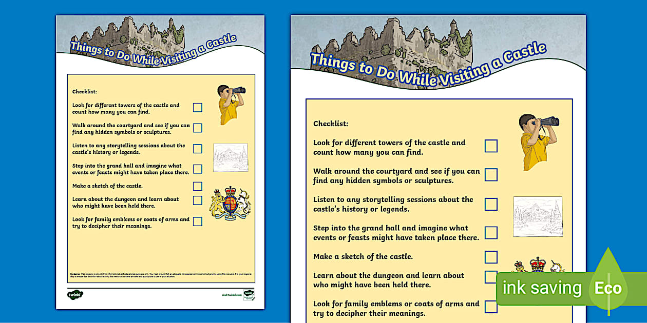 Things to Do at a Castle - Activity Checklist (teacher made)