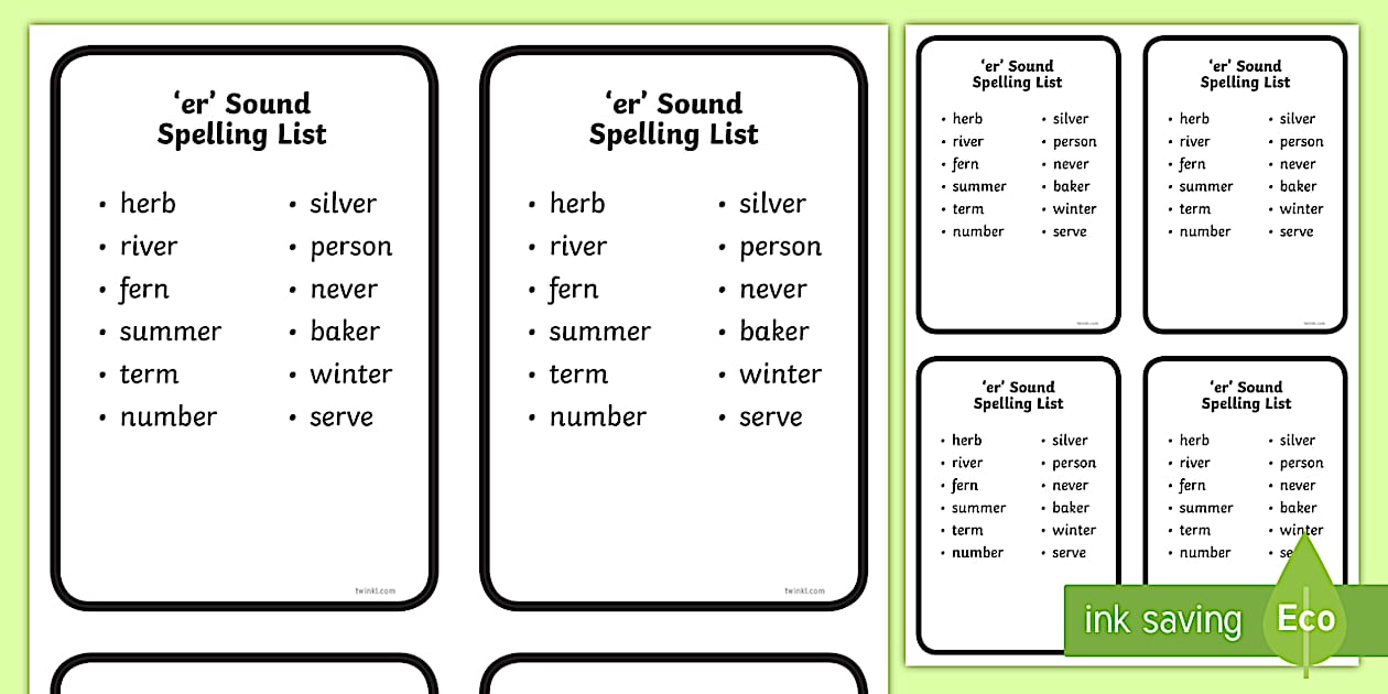 'er' Sound Spelling List Cards (teacher made) - Twinkl