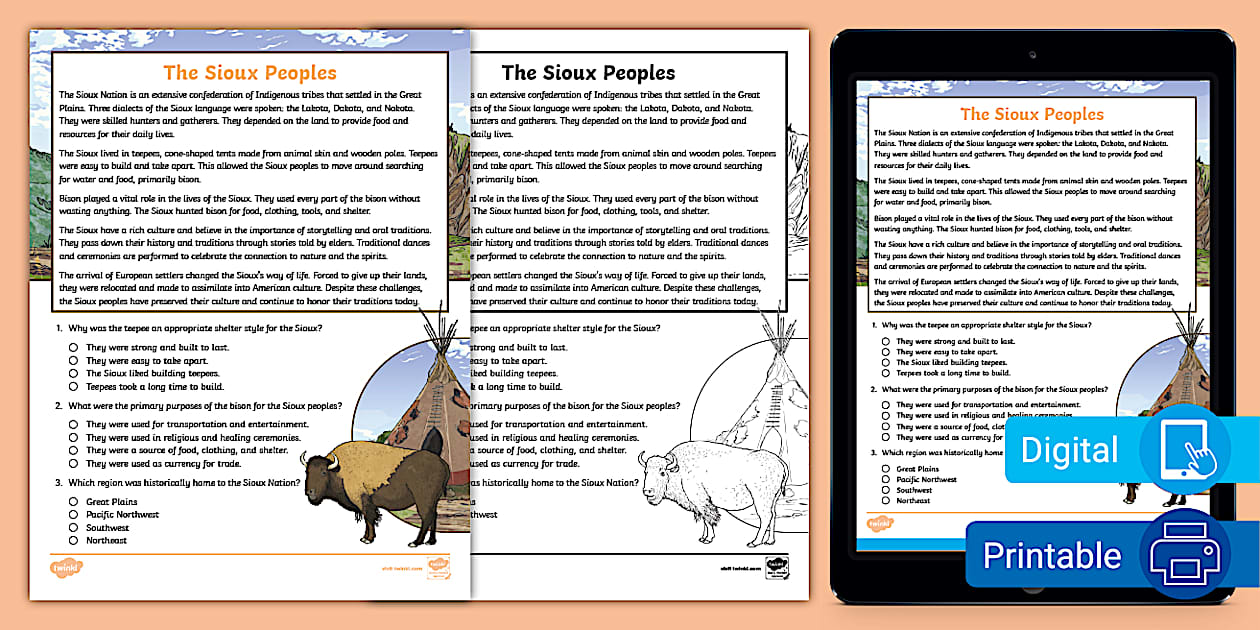 Fifth Grade Sioux Peoples Reading Comprehension Worksheet
