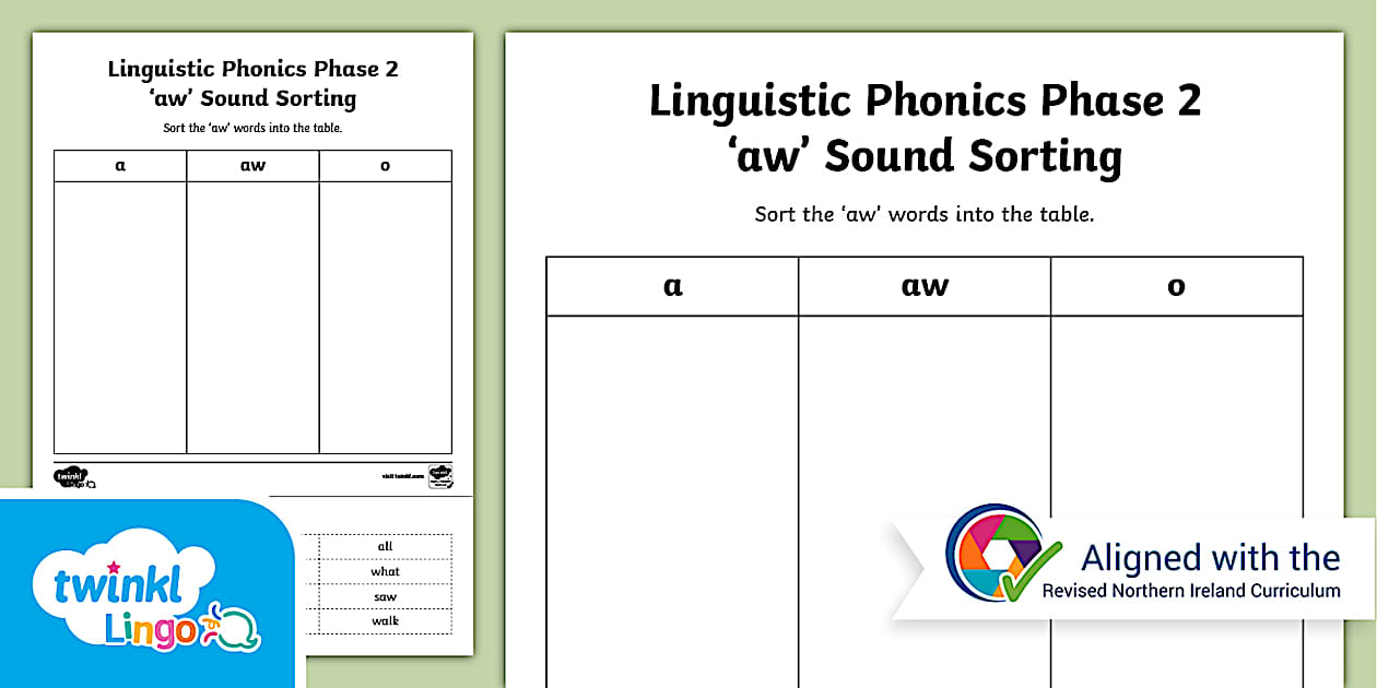 Linguistic Phonics Phase 2 ‘aw’ Sound Sorting Activity Sheet