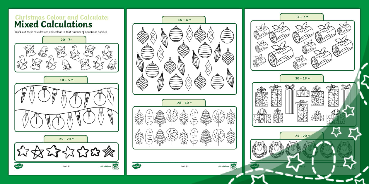 Christmas Colour and Calculate: Mixed Calculation - Twinkl