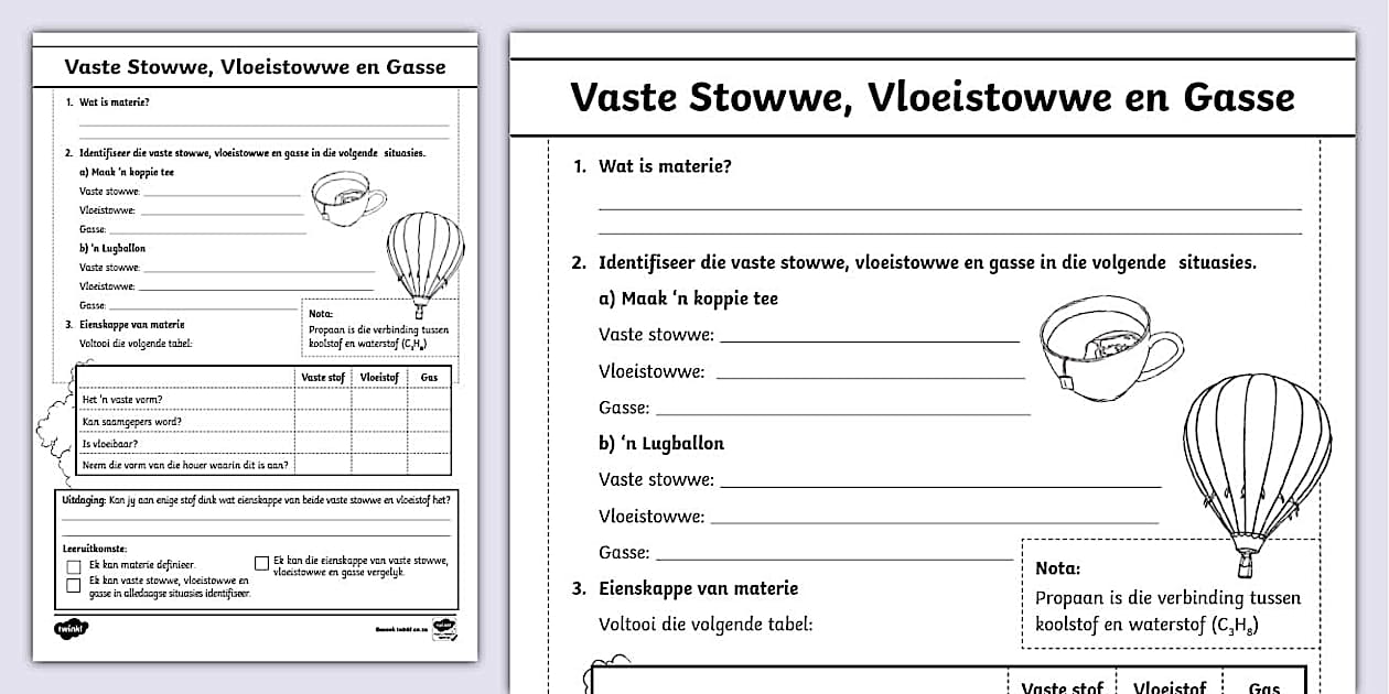 Vastestof, Vloeistof en Gas Huiswerk Aktiwiteit - Twinkl