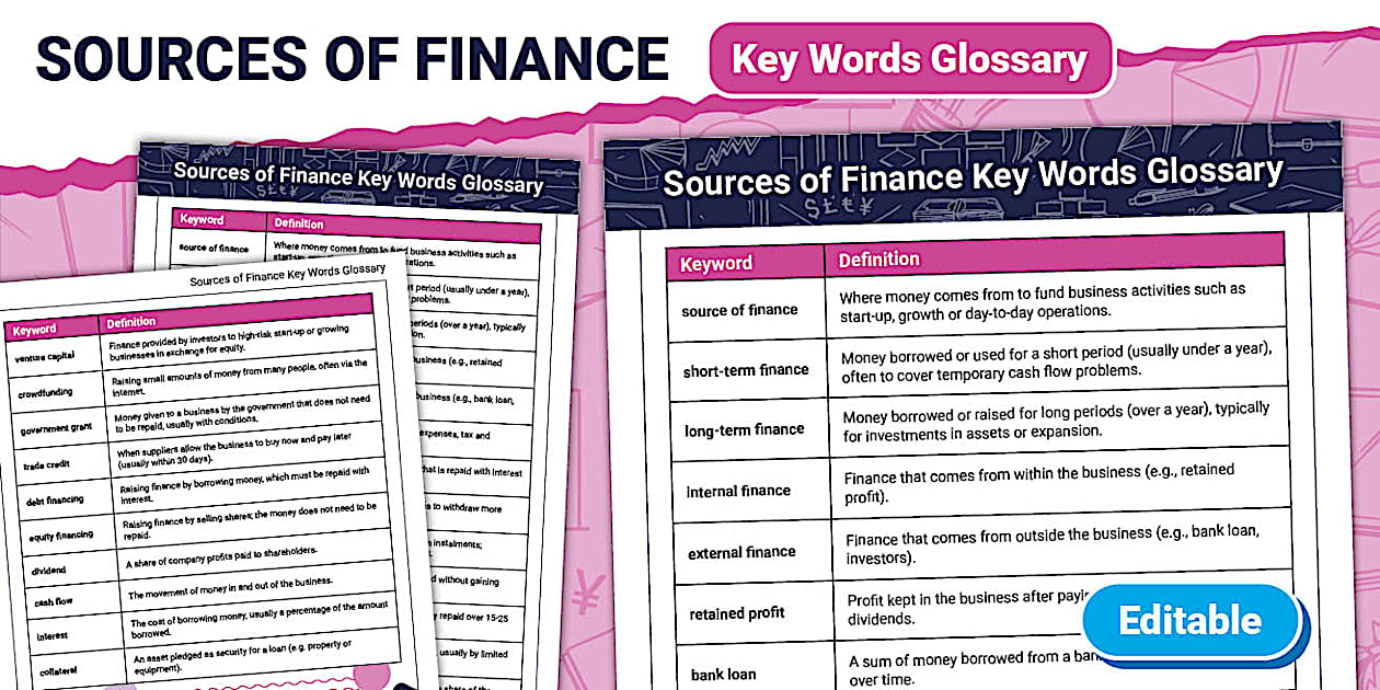 Sources of Finance Key Words Glossary