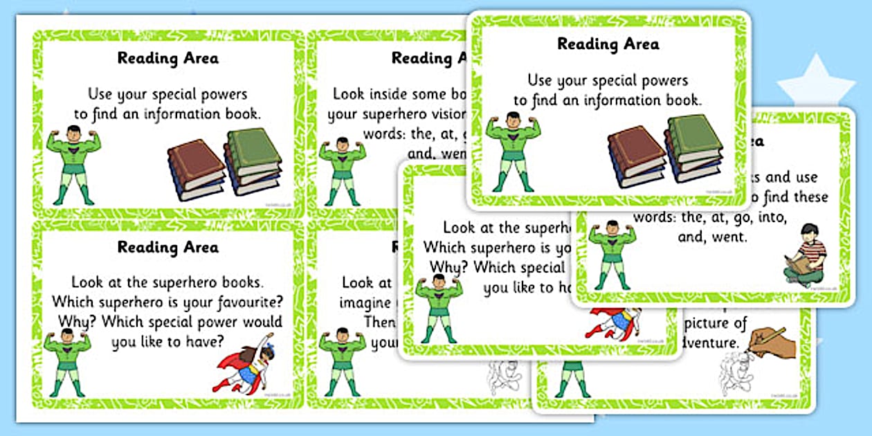 Black and White EYFS Superhero Themed Reading Area Challenge Cards