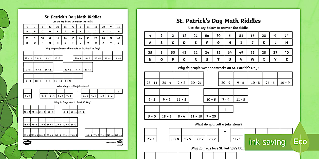 Third Grade St. Patrick's Day Whole Number Addition, Subtraction,