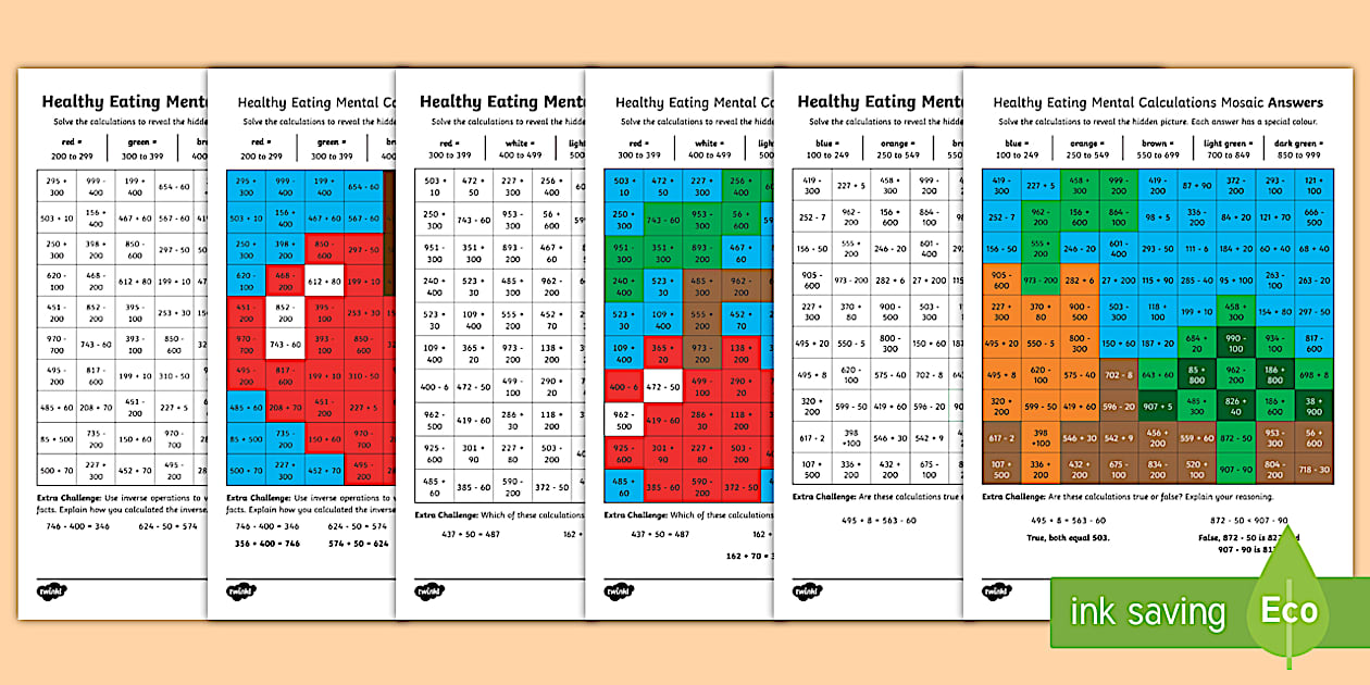 LKS2 Healthy Eating Mental Calculations Maths Mosaic Worksheets