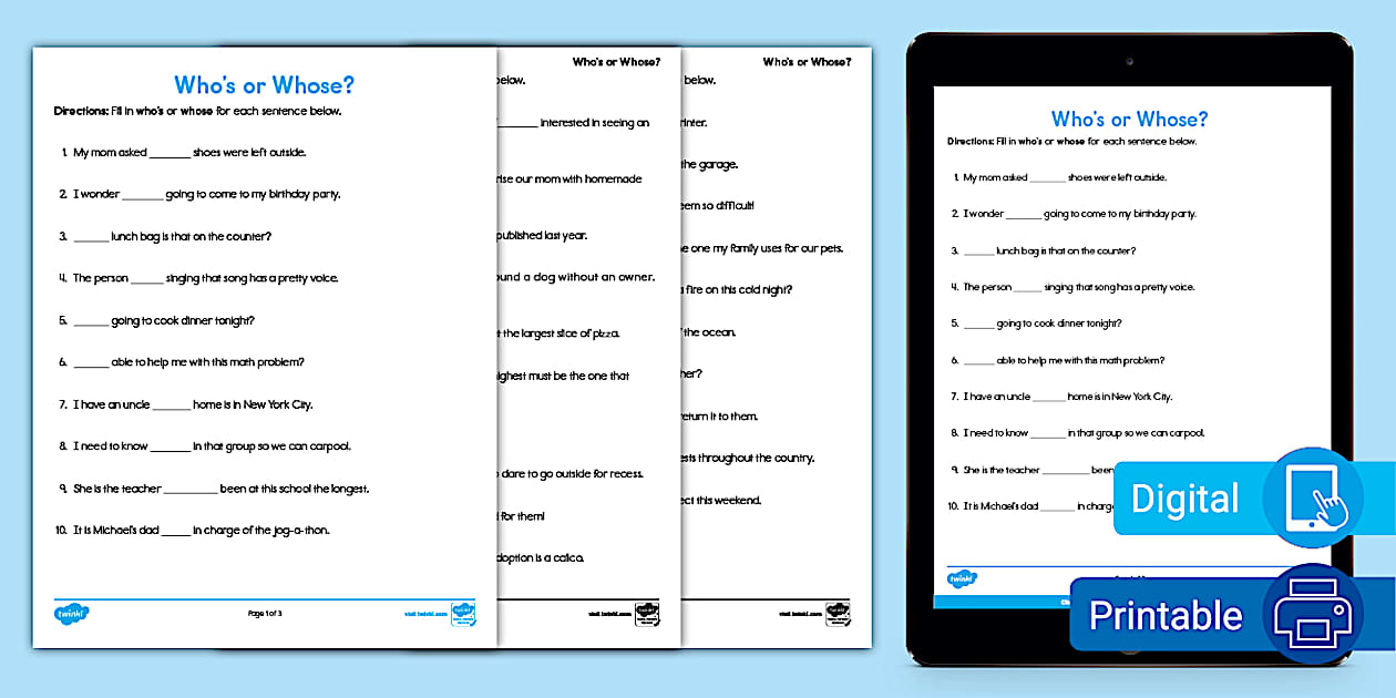 “Whose” vs “Who's” Worksheets | Language Skills | Twinkl USA