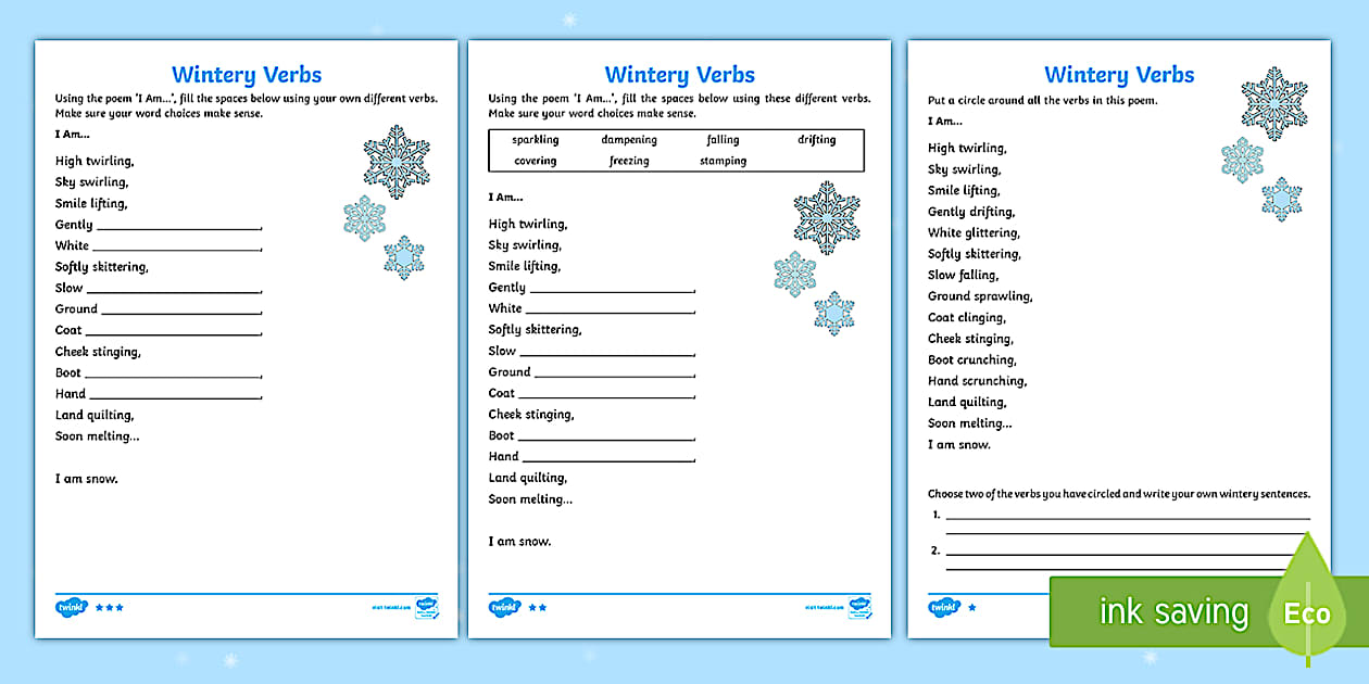 KS1 Wintery Verbs Based on I Am Poem Differentiated Worksheet / Worksheet