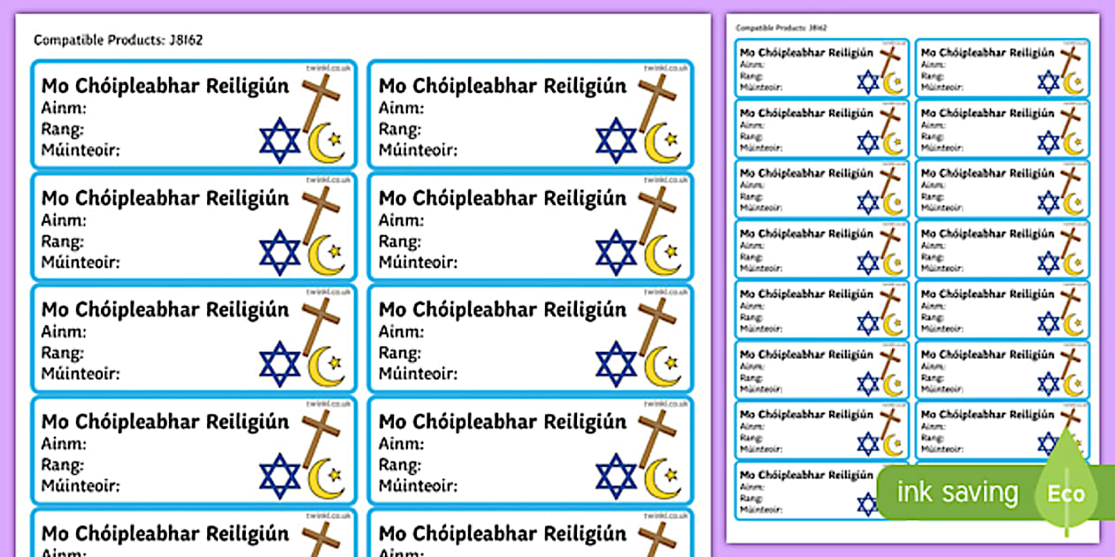 Irish Gaeilge Pupil Religion Copybook Labels-Irish - Twinkl