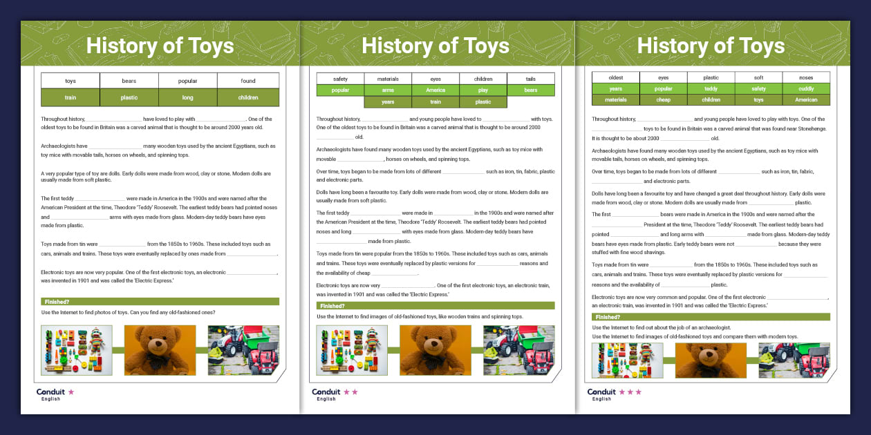 Reinforcing Reading: History Of Toys Cloze Passages - Twinkl