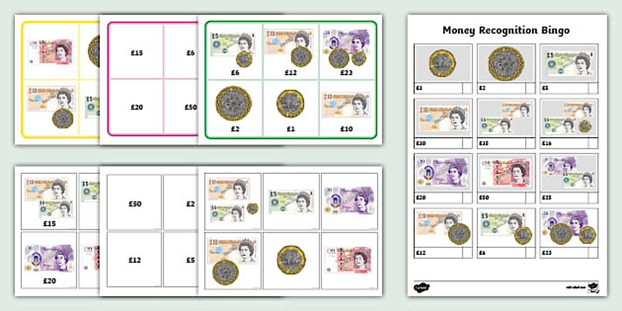 Money Recognition Pound Sterling Matching Bingo - Money Coin Recognition
