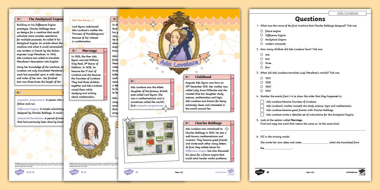 LKS2 Ada Lovelace Differentiated Reading Comprehension Activity