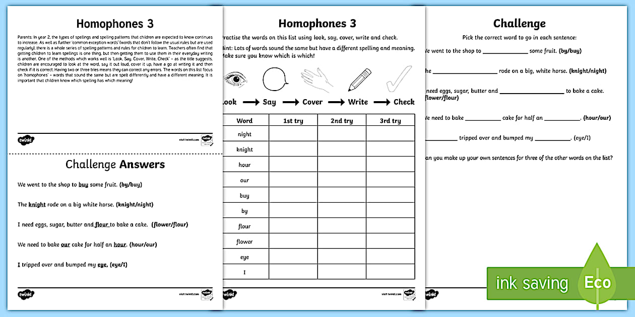 Year 2 Homophones Spelling Worksheet - Homework Worksheet