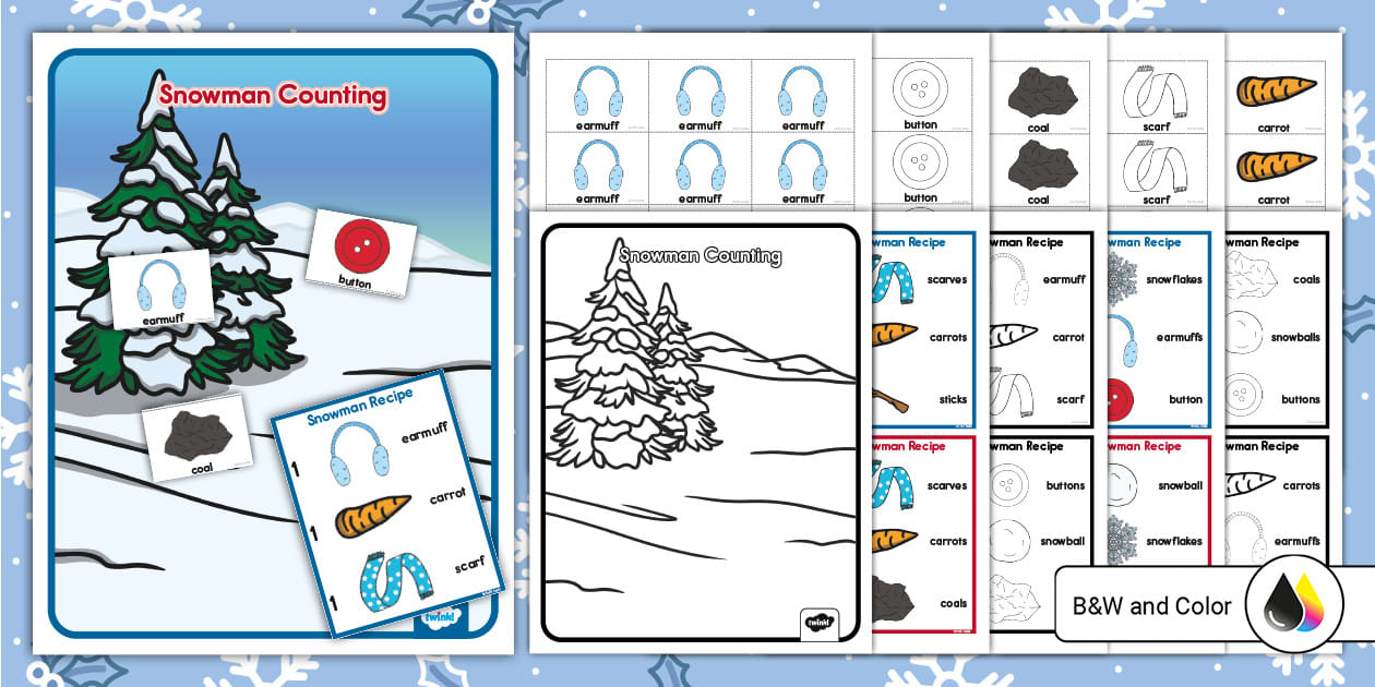 Snowman Counting Recipe Worksheet Cards for PK-K - Twinkl