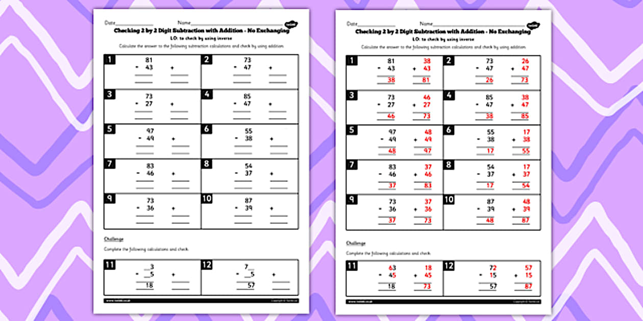 Y3 Inverse Check 2 Digit Subtract Add no Exchanging Worksheet