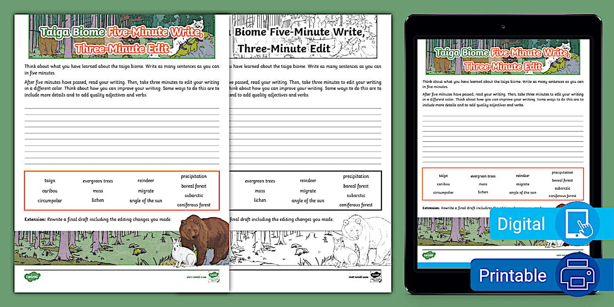 Taiga Biome Five-Minute Write and Three-Minute Edit Worksheet