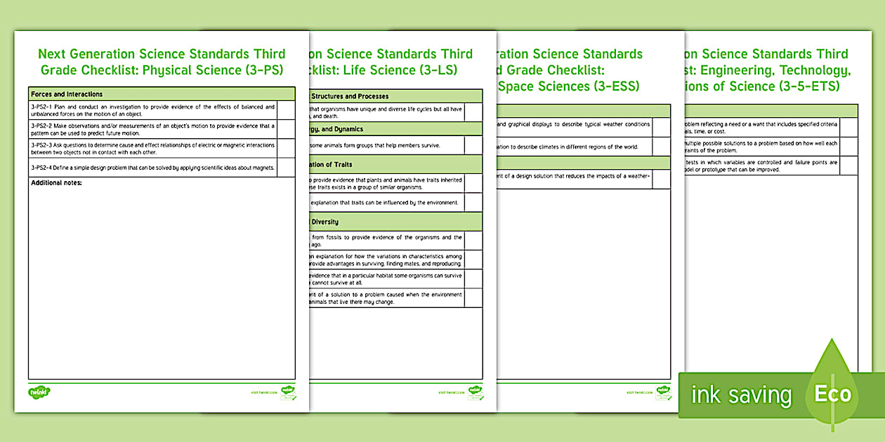 Next Generation Science Standards Third Grade Checklist
