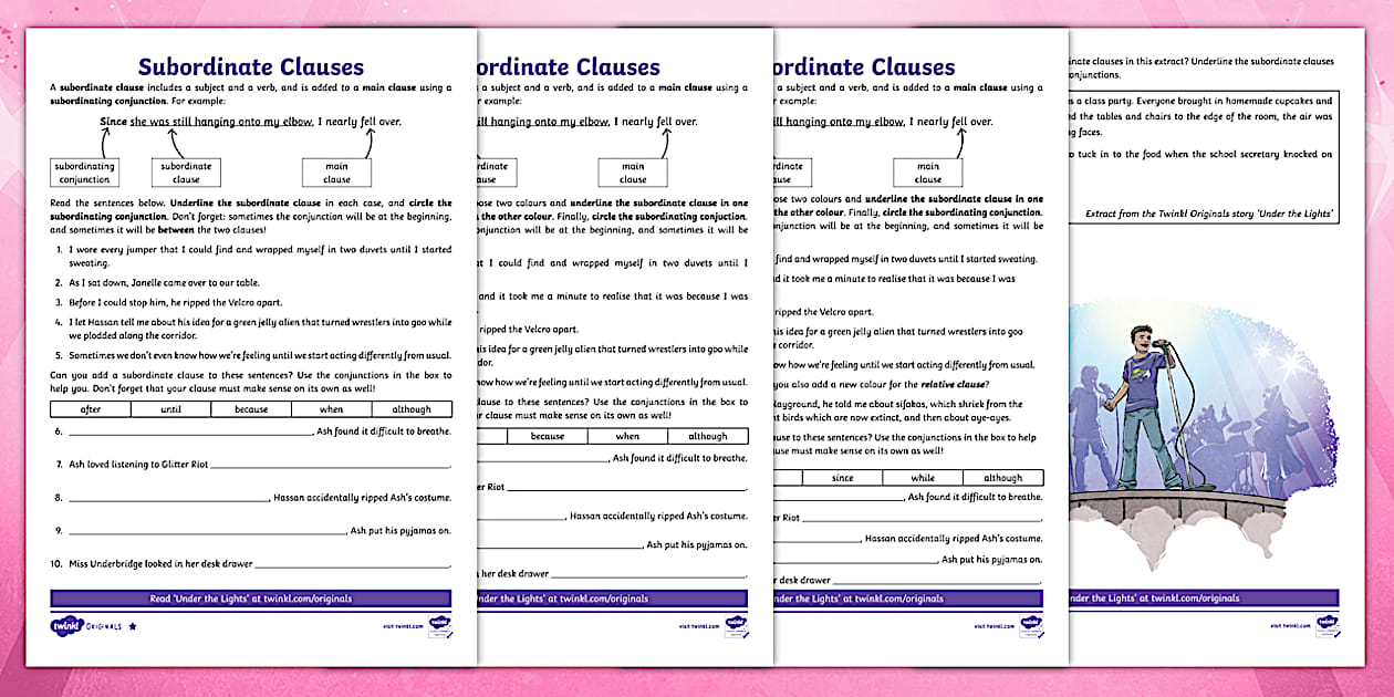 Lower Ability Under the Lights Subordinate Clauses Differentiated Worksheet