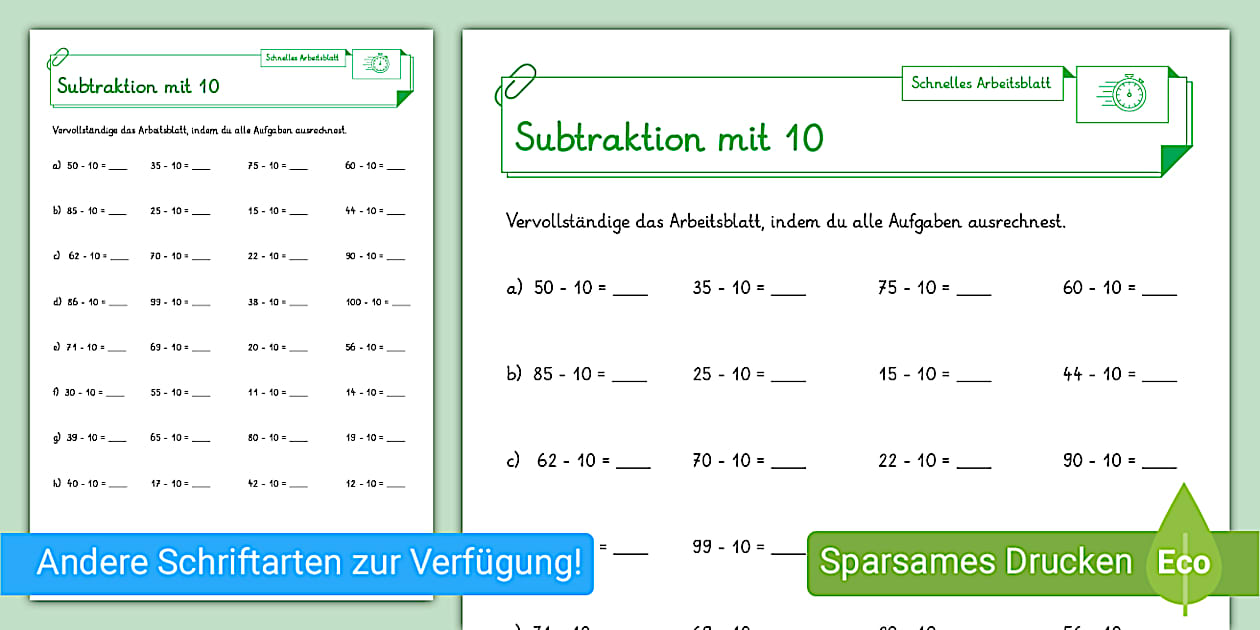 Subtraktion mit 10 im Zahlenraum bis 100 - Arbeitsblatt
