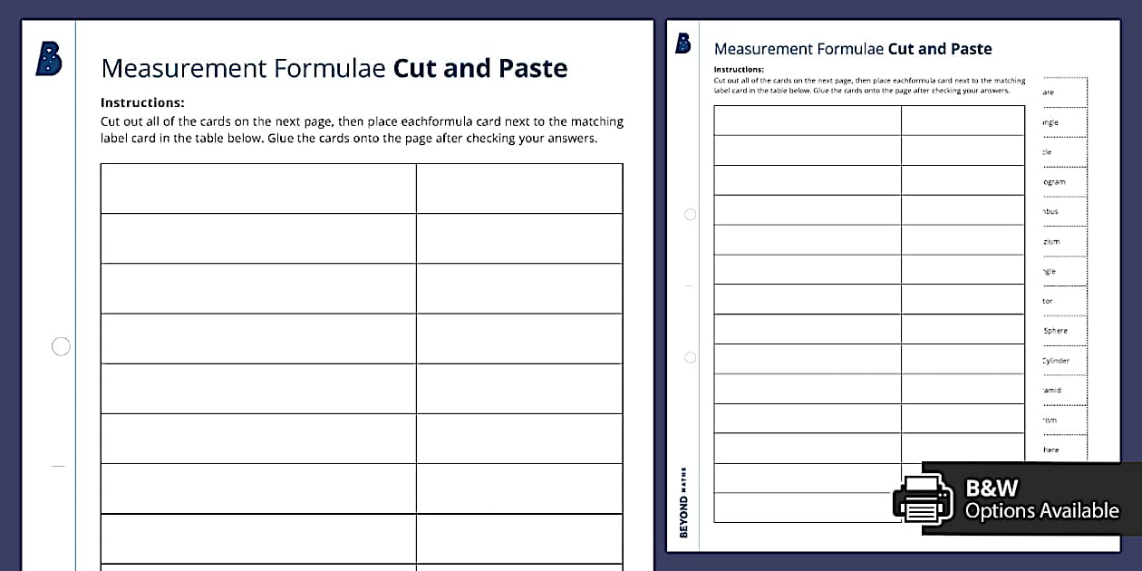 Measurement Formulae Cut and Paste Worksheet - Beyond Maths