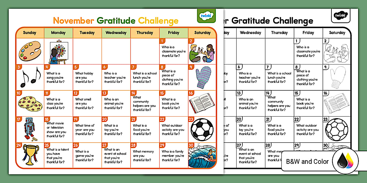 November 2024 Gratitude Challenge Calendar (Teacher-Made)