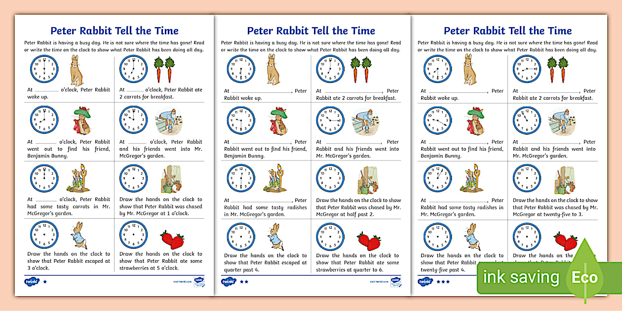 KS1 Peter Rabbit Tell the Time Worksheets (teacher made)