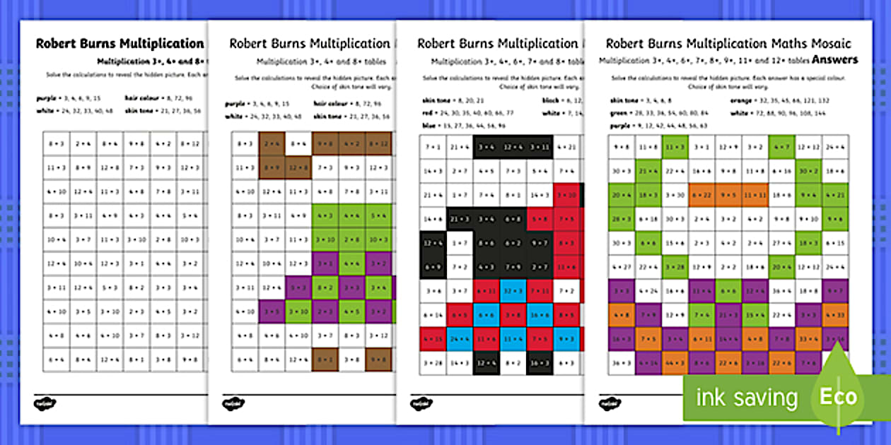 Editable Robert Burns Multiplication Maths Mosaic Differentiated Worksheets