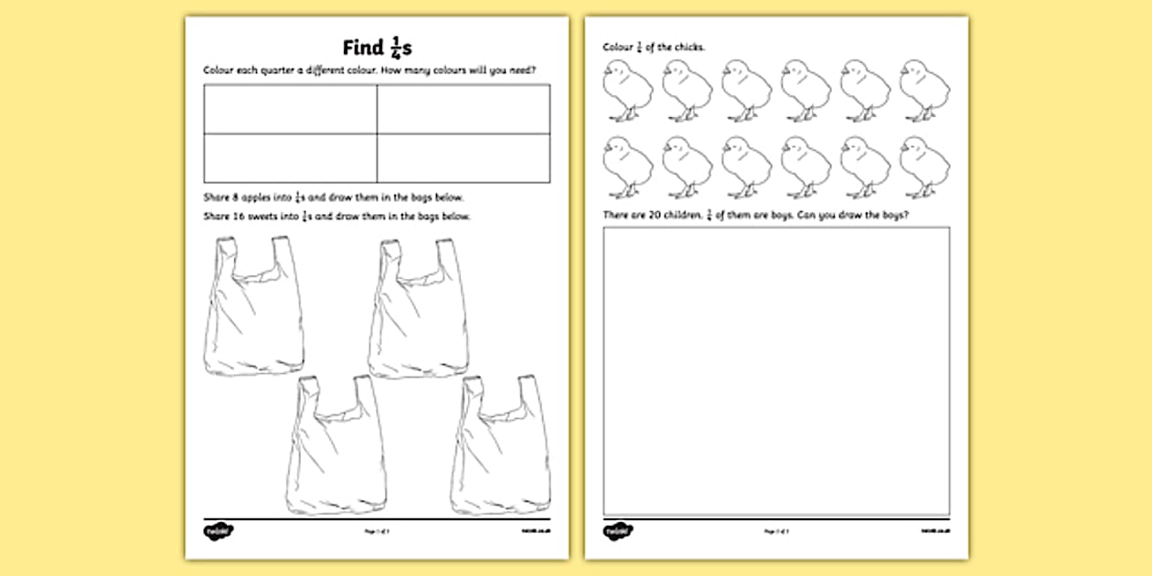Find a Quarter Worksheet | Maths | Fractions | KS1 - Twinkl