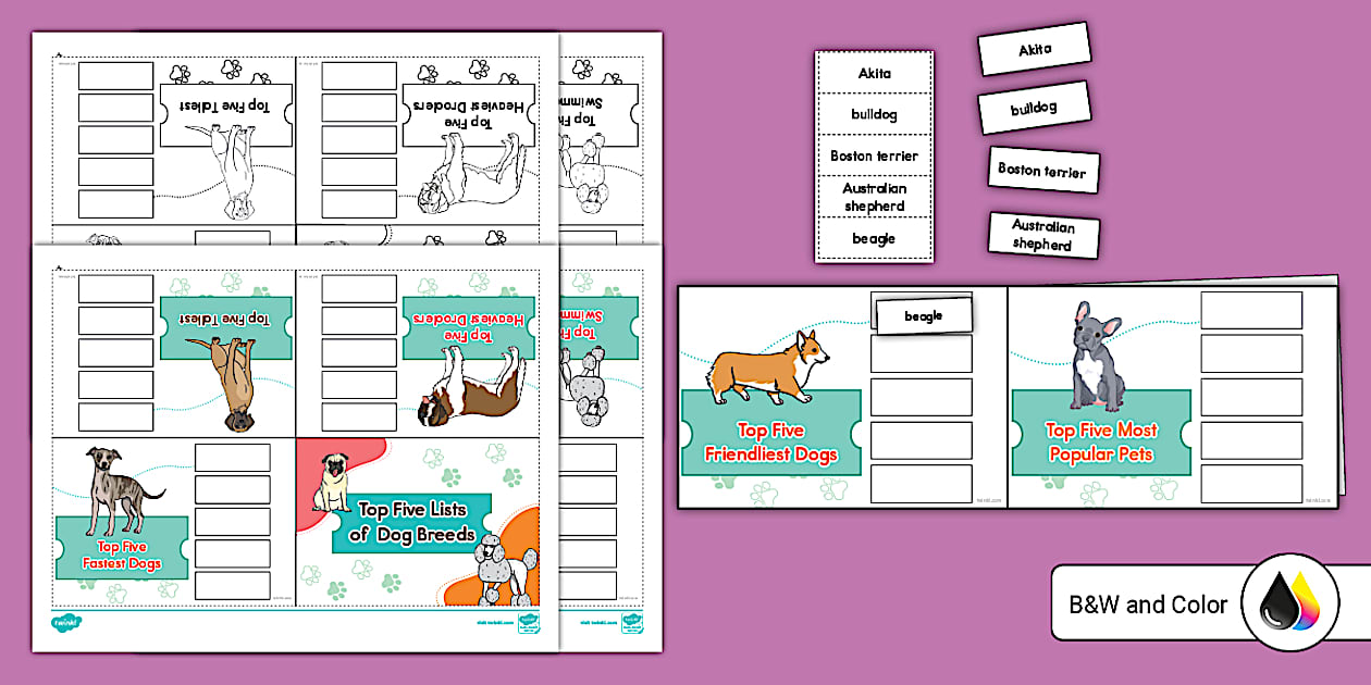 Top Five Lists of Dog Breeds Mini Book Cut and Paste Worksheet