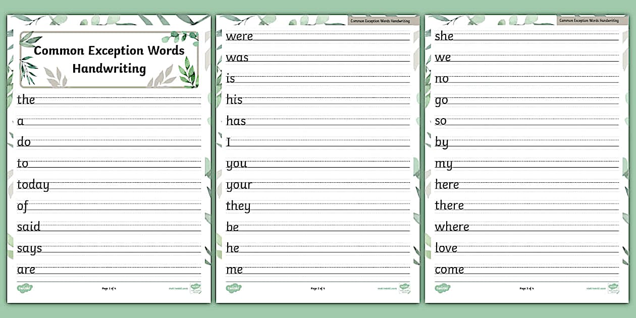 Year 1 Common Exception Words Handwriting Worksheets