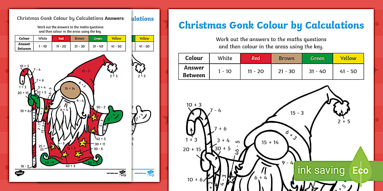 Christmas Gonk Colour by Calculations - Twinkl