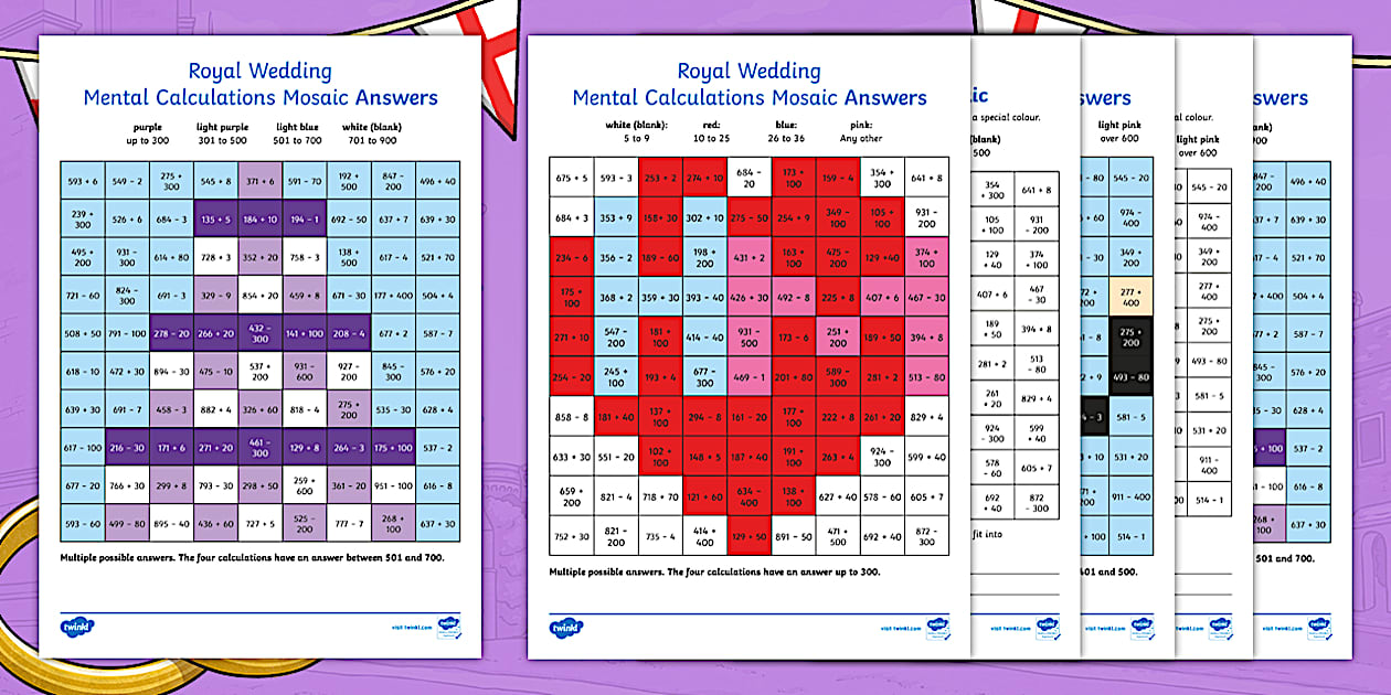LKS2 Royal Wedding Mental Calculations Maths Mosaic Worksheets