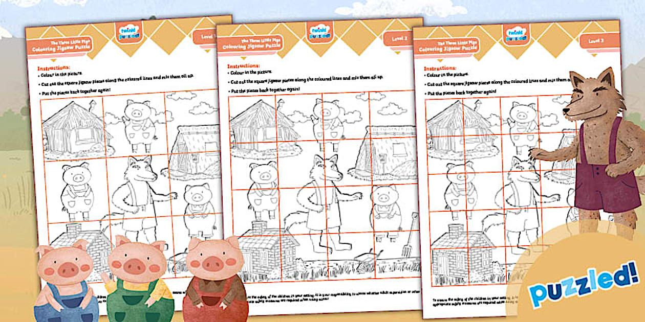 The Three Little Pigs Colouring Jigsaw Pack | Twinkl Puzzled