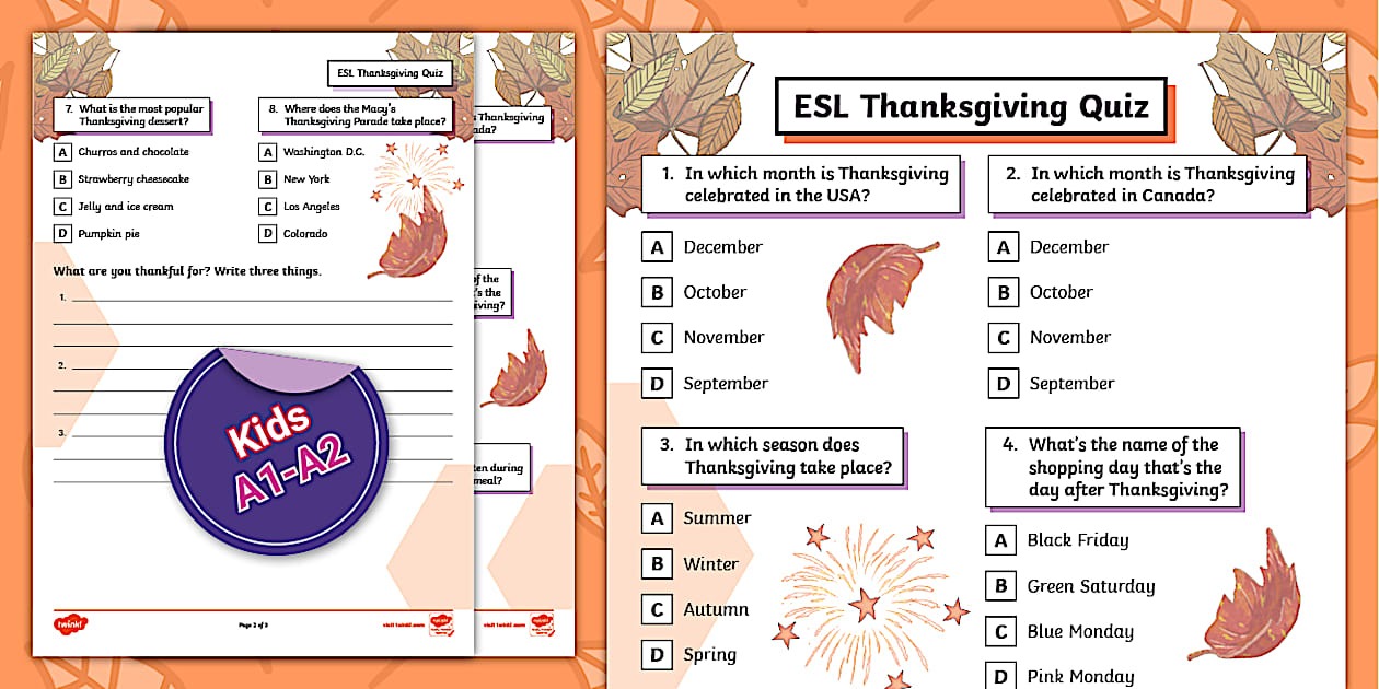 ESL Thanksgiving Quiz (teacher made) - Twinkl