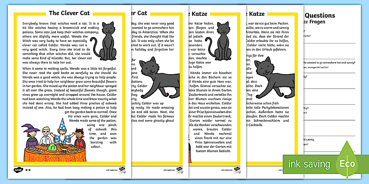 The Clever Cat Differentiated Reading Comprehension Activity English/German