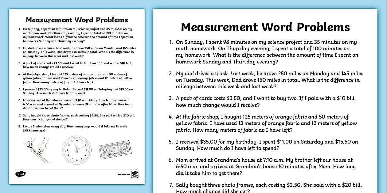 Measurement Word Problems Activity Sheet - Twinkl